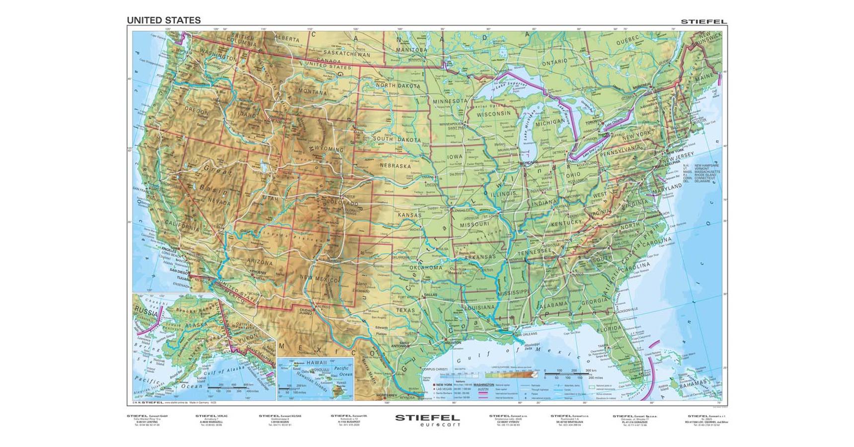 Hartă topografică a Statelor Unite ale Americii (engleză) 140x100 cm ...