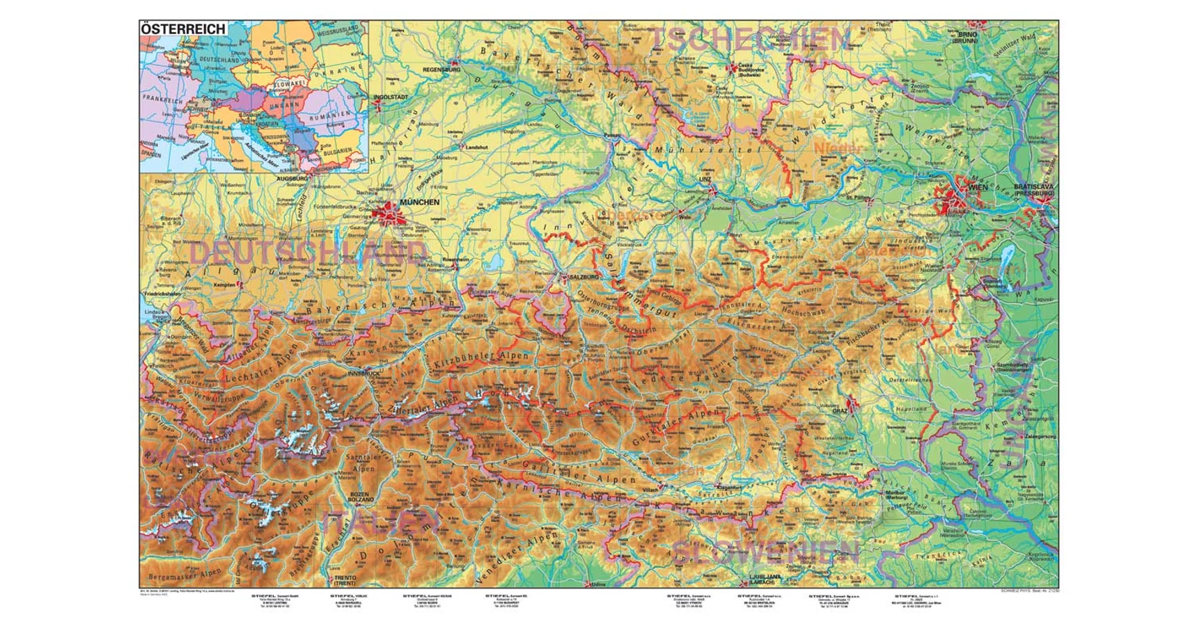 Harta topografică a Austriei (în limba germană) 100x70 cm MONO - bdidact.ro
