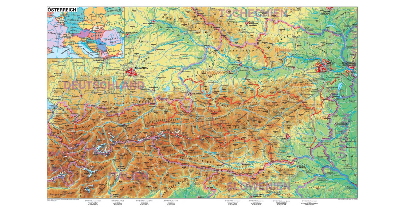 Hartă topografică și politică a Austriei (în limba germană) 160x120 cm ...