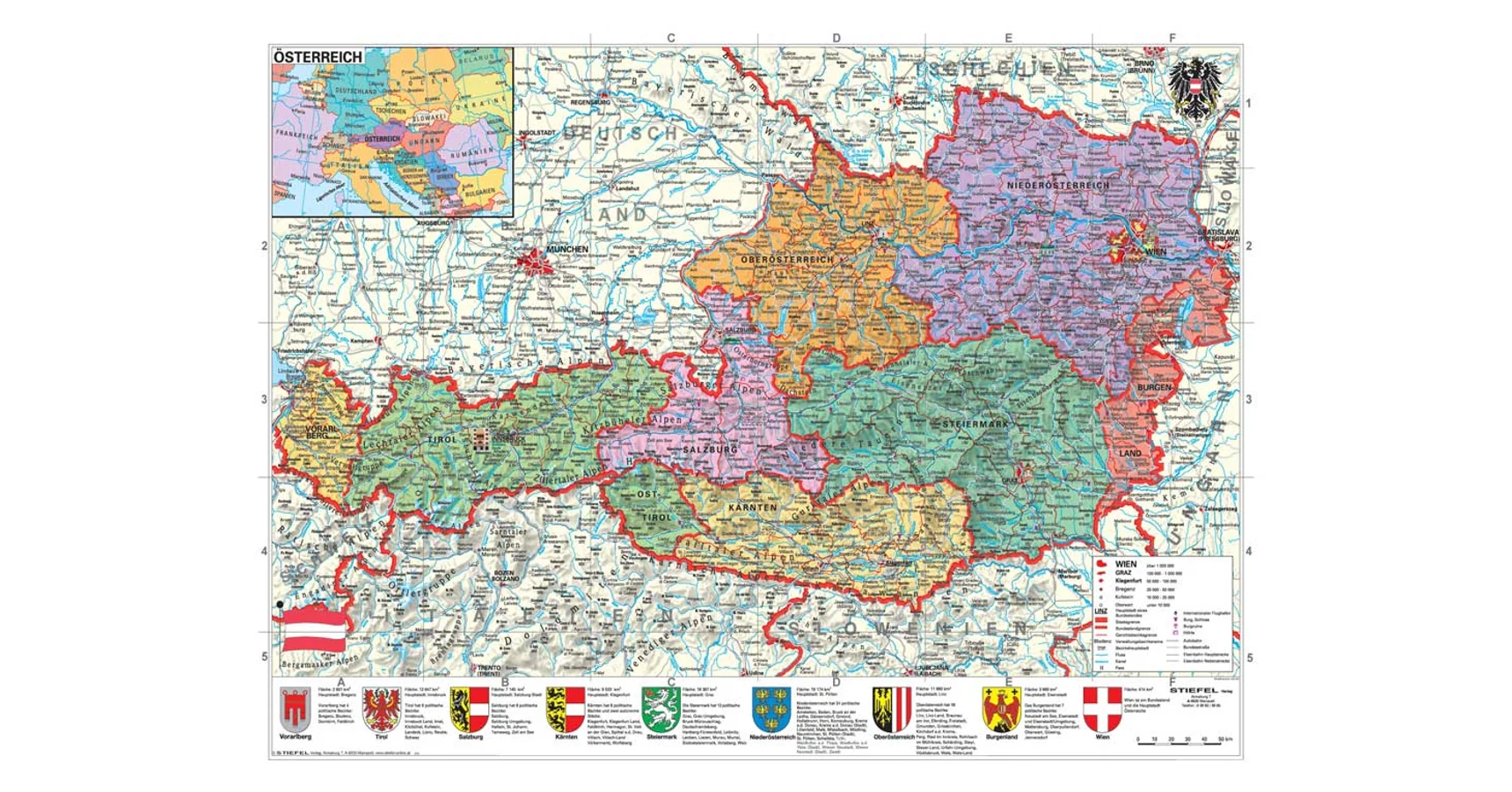 Harta politică a Austriei (în limba germană) 100×70 cm MONO - bdidact.ro