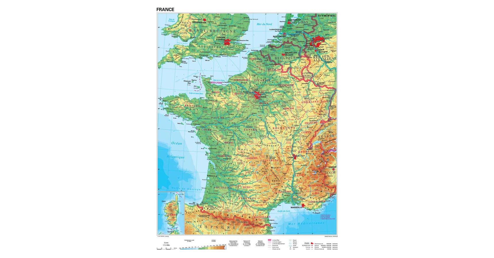Harta topografică a Franței (în limba franceză) 160x120 cm MONO ...