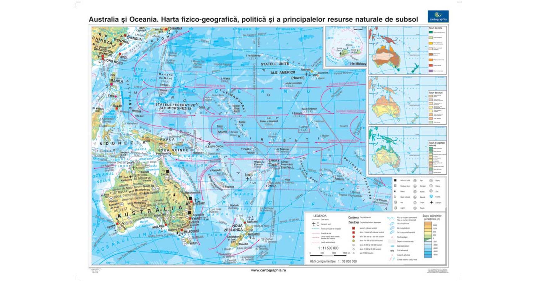 Australia şi Oceania. Harta fizico-geografică, politică şi a ...