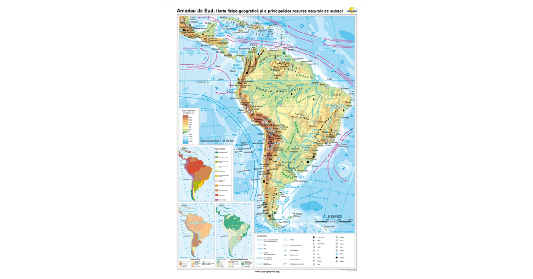 America de sud. Harta fizico-geografică şi a principalelor resurse ...
