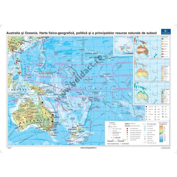 Australia şi Oceania. Harta fizico-geografică, politică şi a ...